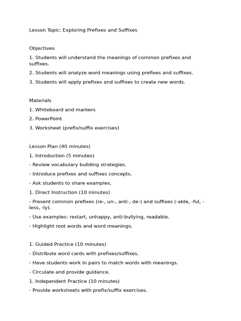 PREFIXES AND SUFFIXES LESSON PLAN | PDF