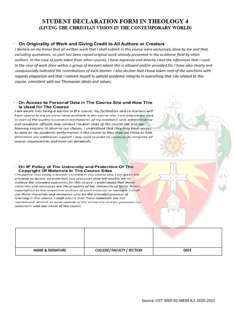 Ust-Student Declaration Forms - Thy 4-1 | PDF