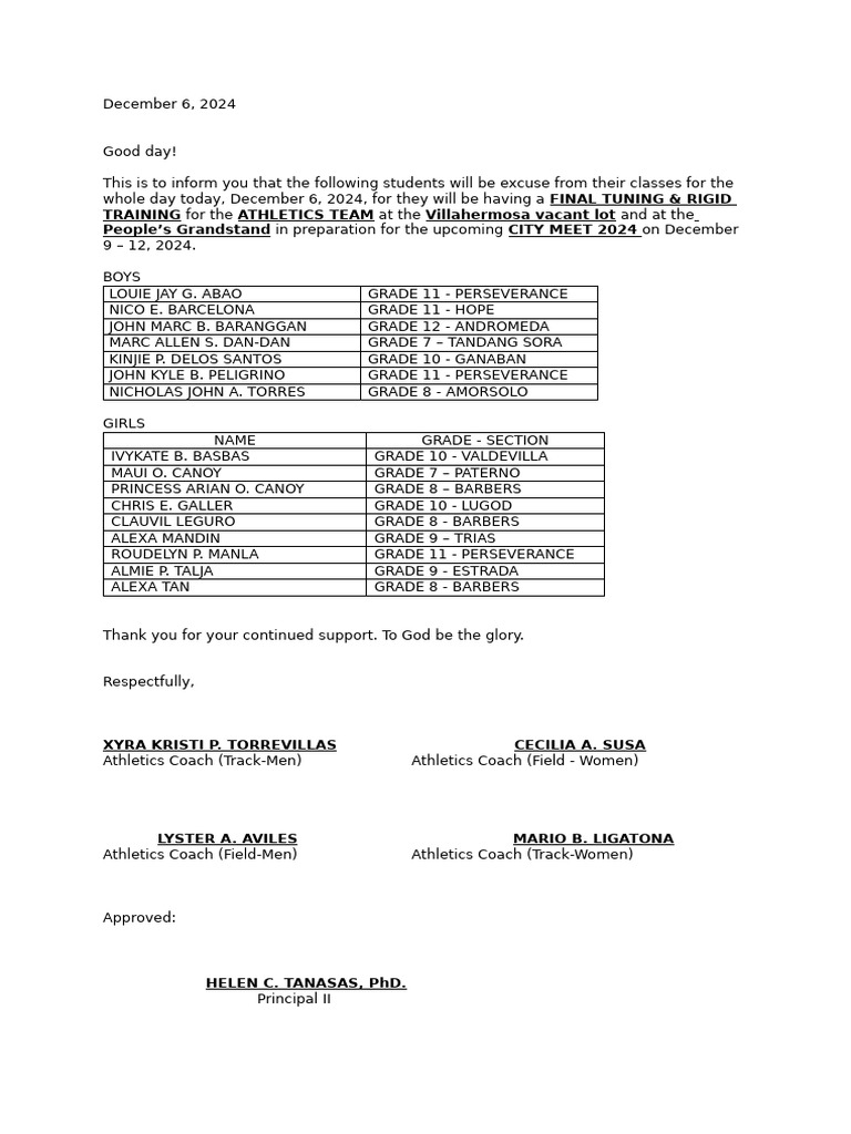 Excuse Letter For Athletes | PDF