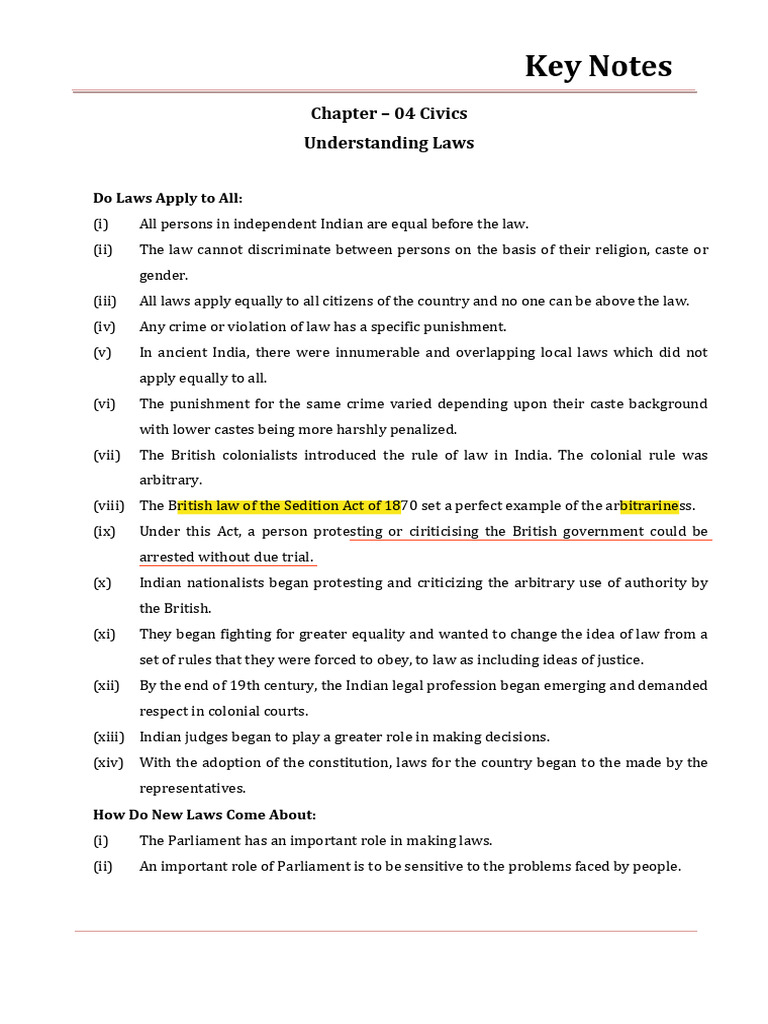 08 Social Science Civics Key Notes CH 04 Understanding Laws | PDF ...