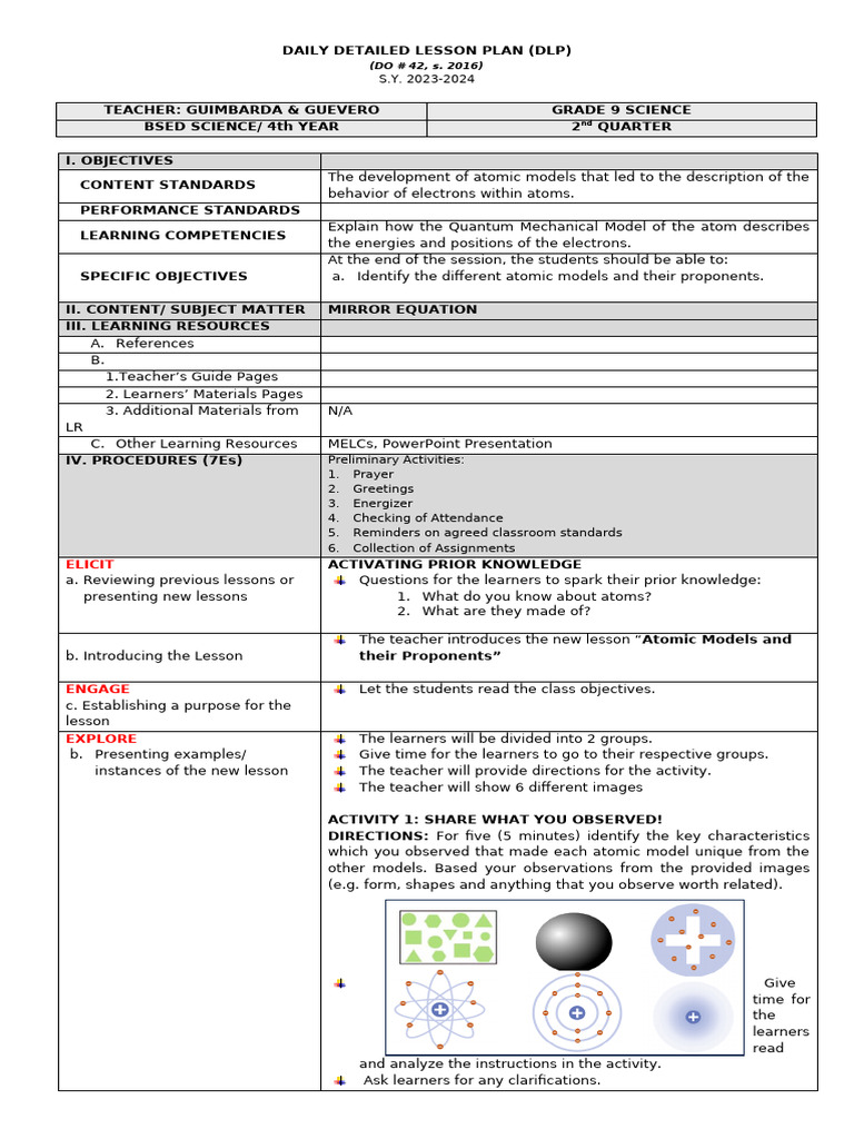 Grade 9 Science Lesson Plan: Atomic Models | PDF | Atomic Nucleus ...