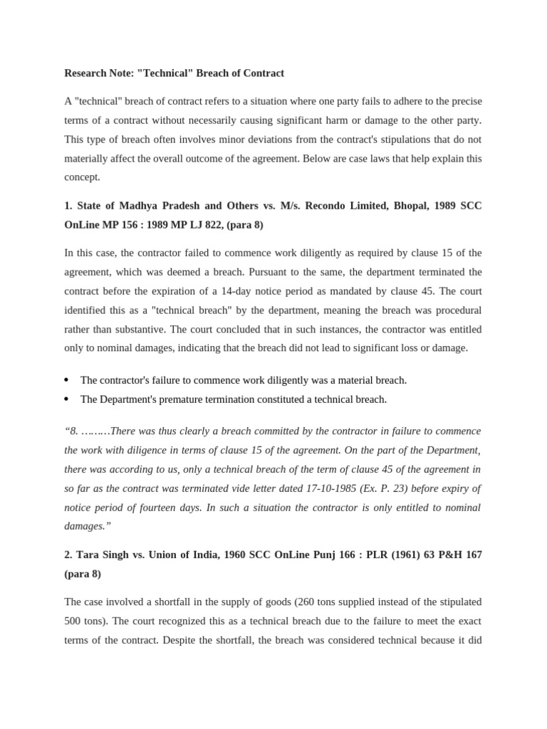 Technical Breach of Contract | PDF | Breach Of Contract | Damages