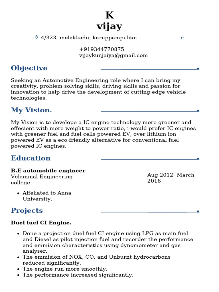 Resume K Vijay | PDF | Exhaust Gas | Engines
