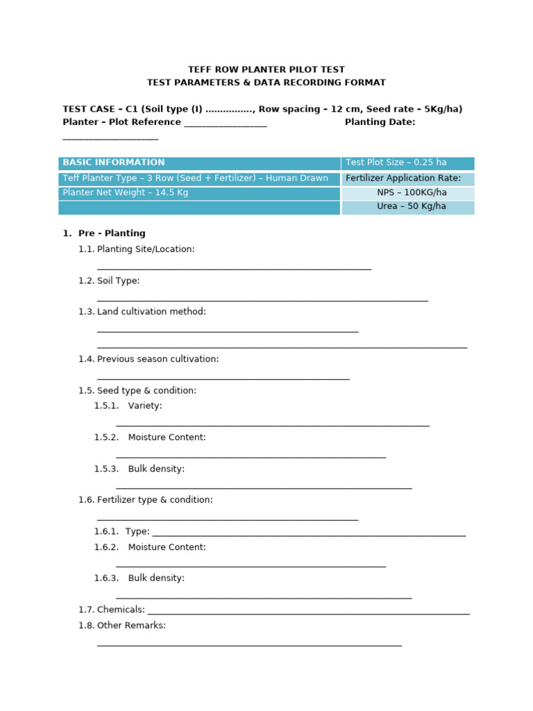 Row Planter Pilot test data record | PDF | Sowing | Fertilizer