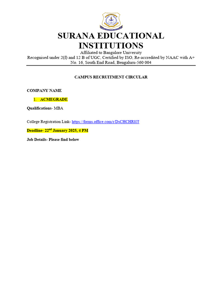 Acmegrade Campus Recruitment Circular | PDF | Bachelor's Degree