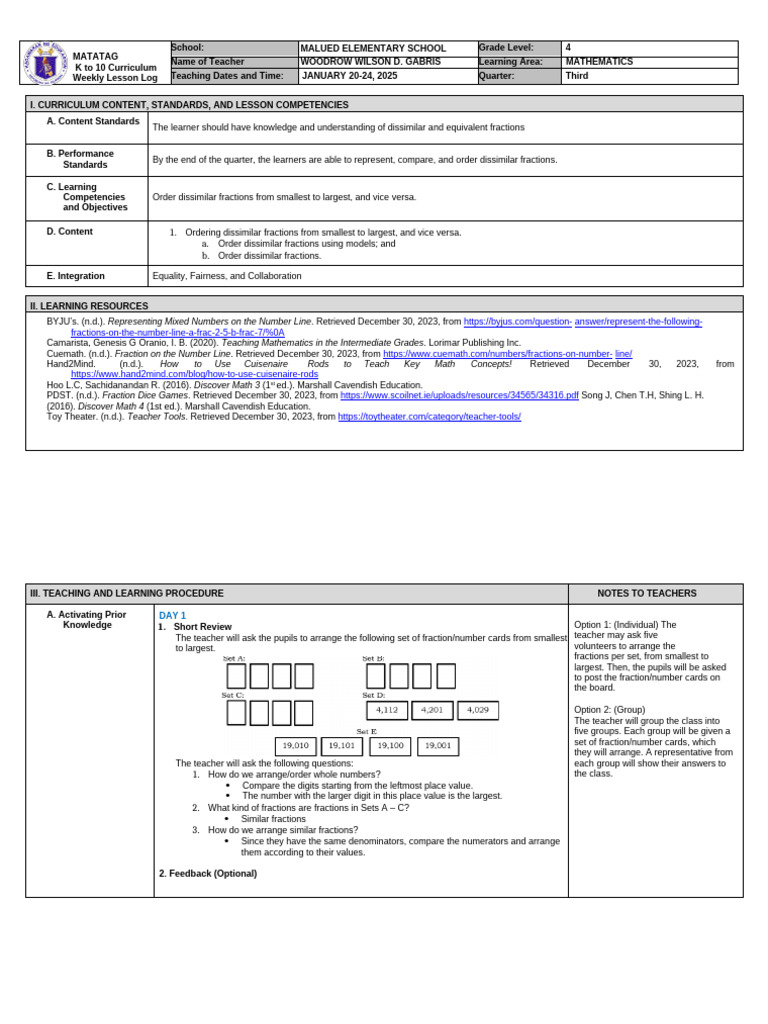 DLL Matatag - Math 4 Q3 W4 | PDF | Learning | Arithmetic