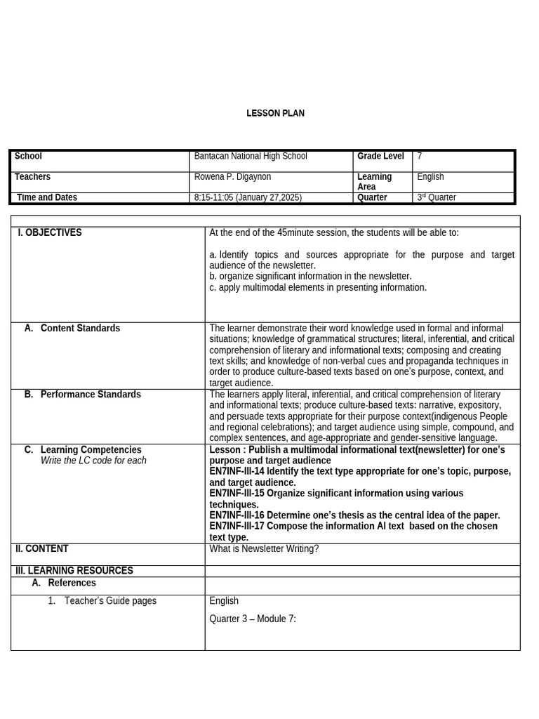 Newsletter Writing Lesson Plan for Grade 7 | PDF | Classroom | Gesture