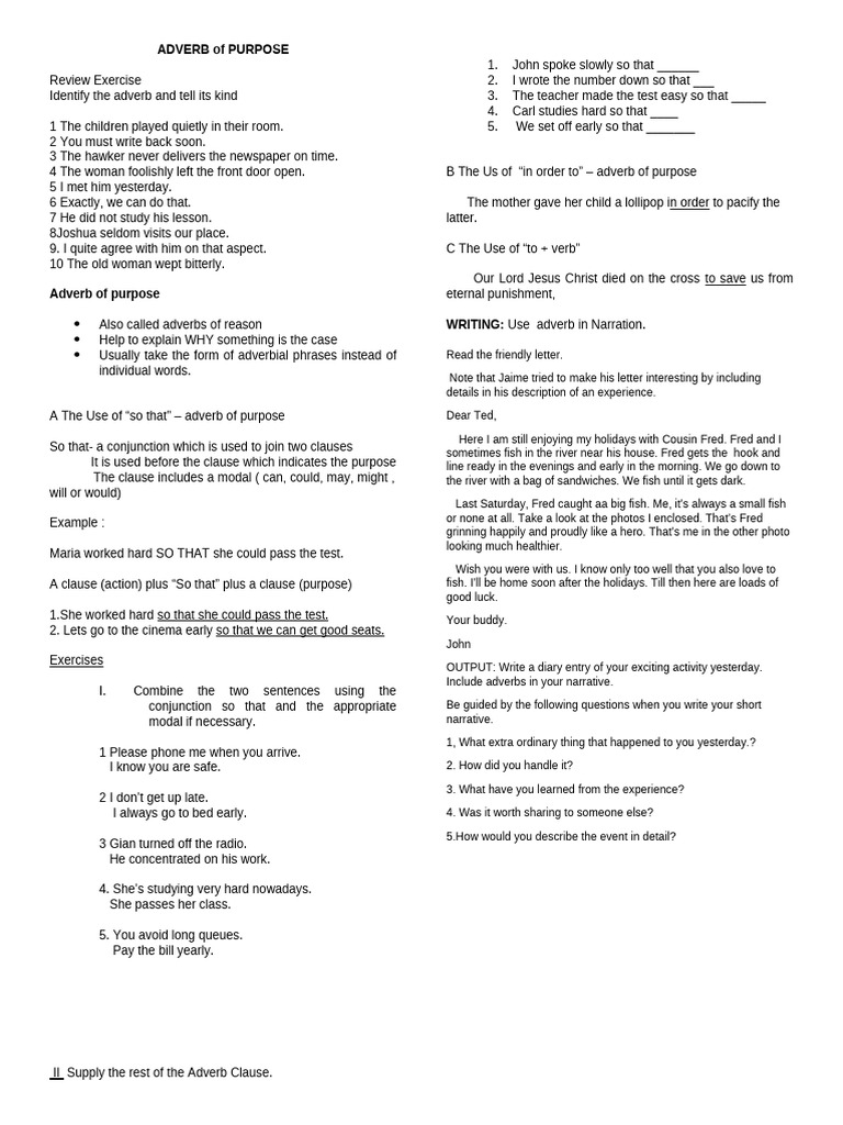 Adverbs of Purpose: Exercises | PDF | Linguistics | Language Mechanics