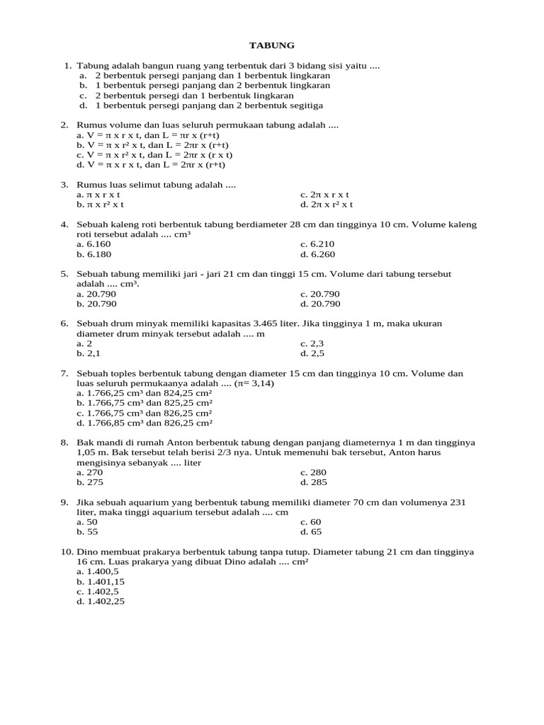 Soal Matematika Bangun Tabung | PDF