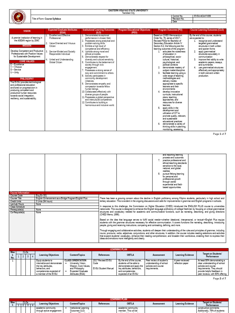 Syllabus - English Enhancement As A Bridge Program | PDF | Pronoun | Verb