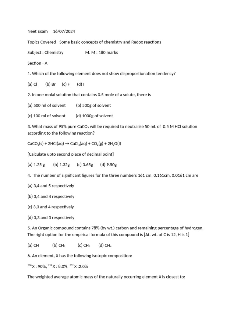 Neet Question Paper 15 July Some Basic Concepts, Redox | PDF | Redox | Chemistry