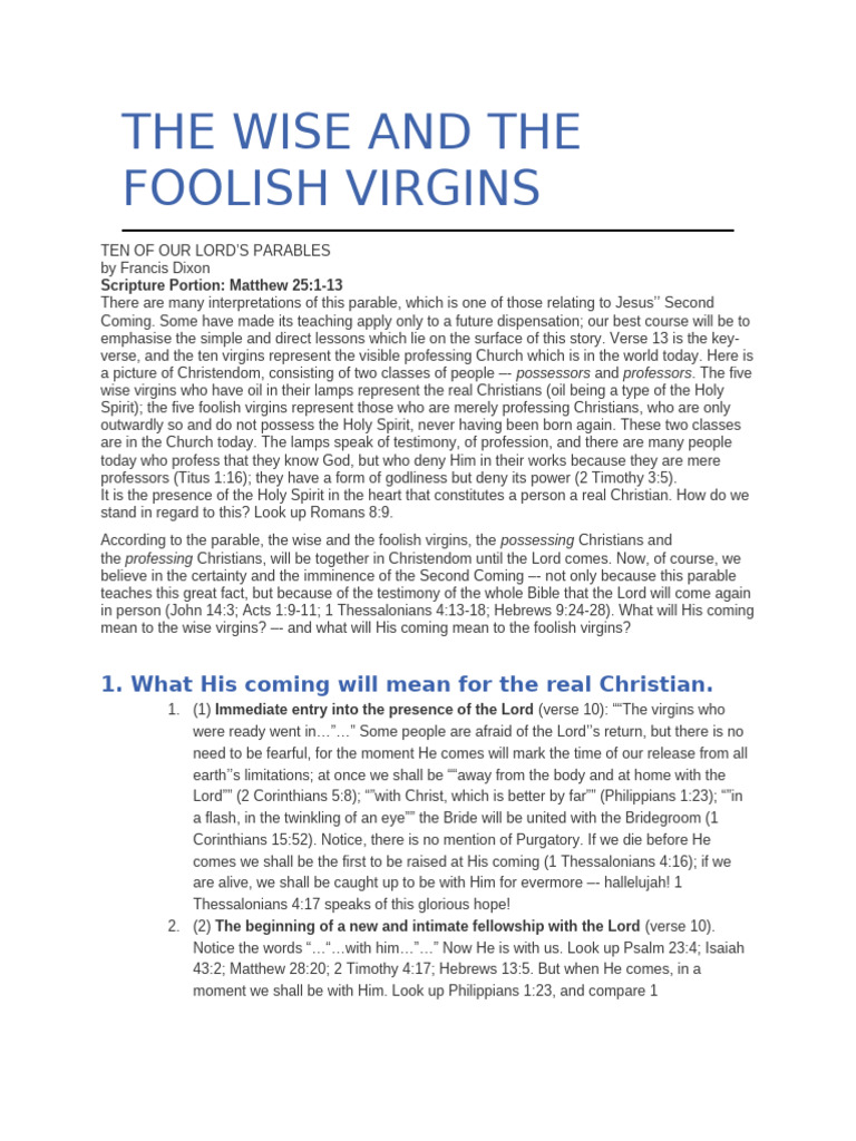 The Wise and The Foolish Virgins | PDF | Christian Belief And Doctrine ...