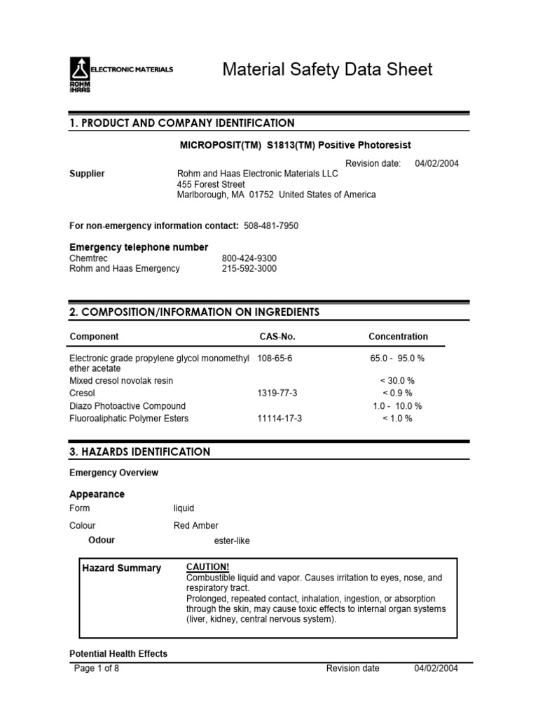 S1813 Positive Photoresist | PDF | Toxicity | Occupational Safety And Health
