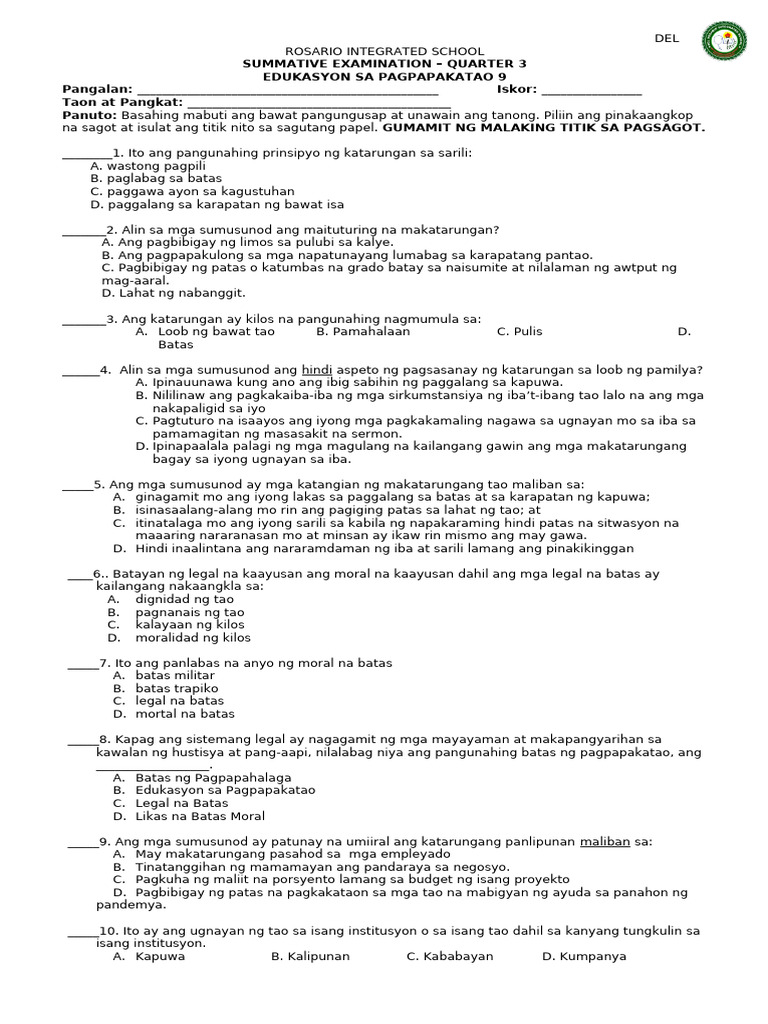 Summative Exam-Esp9 | PDF