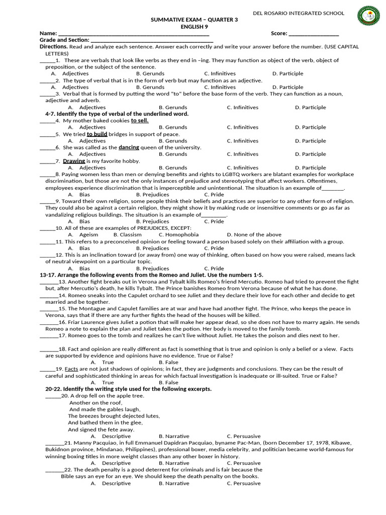 SUMMATIVE EXAM-English 9 | PDF | Characters In Romeo And Juliet | Verb