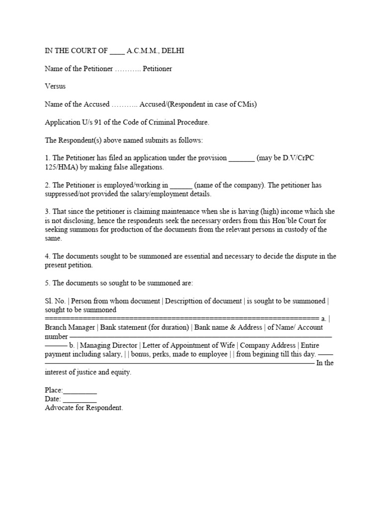 Application Format of CRPC 91 To Get Bank Statement of My Wife From ...