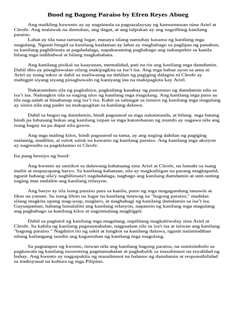 Buod NG Bagong Paraiso by Efren Reyes Abueg | PDF