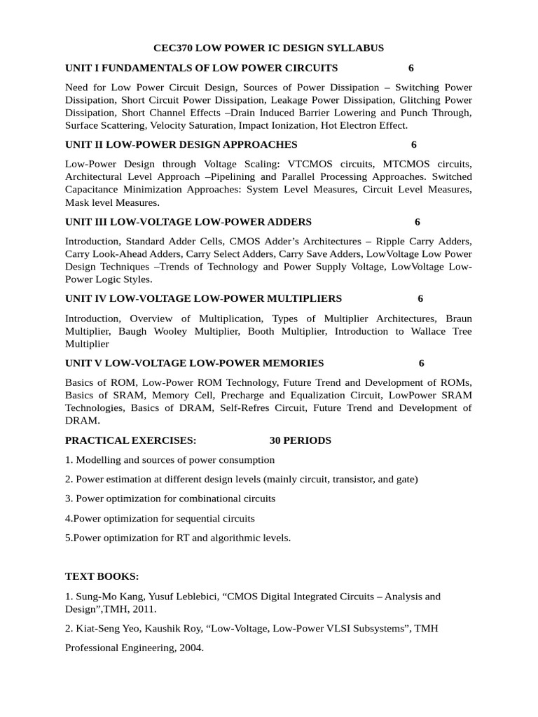 Cec370 Low Power Ic Design Syllabus | PDF | Cmos | Electronic Circuits