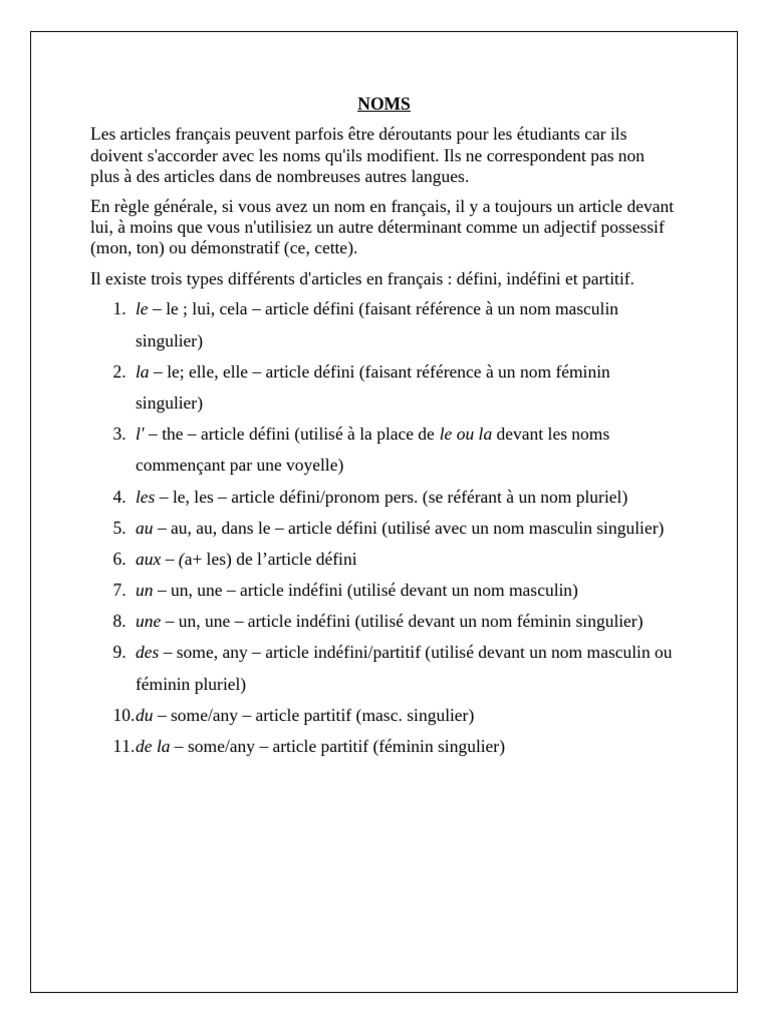 Articles, pronoms et vocabulaire français | PDF | Nom (grammaire ...