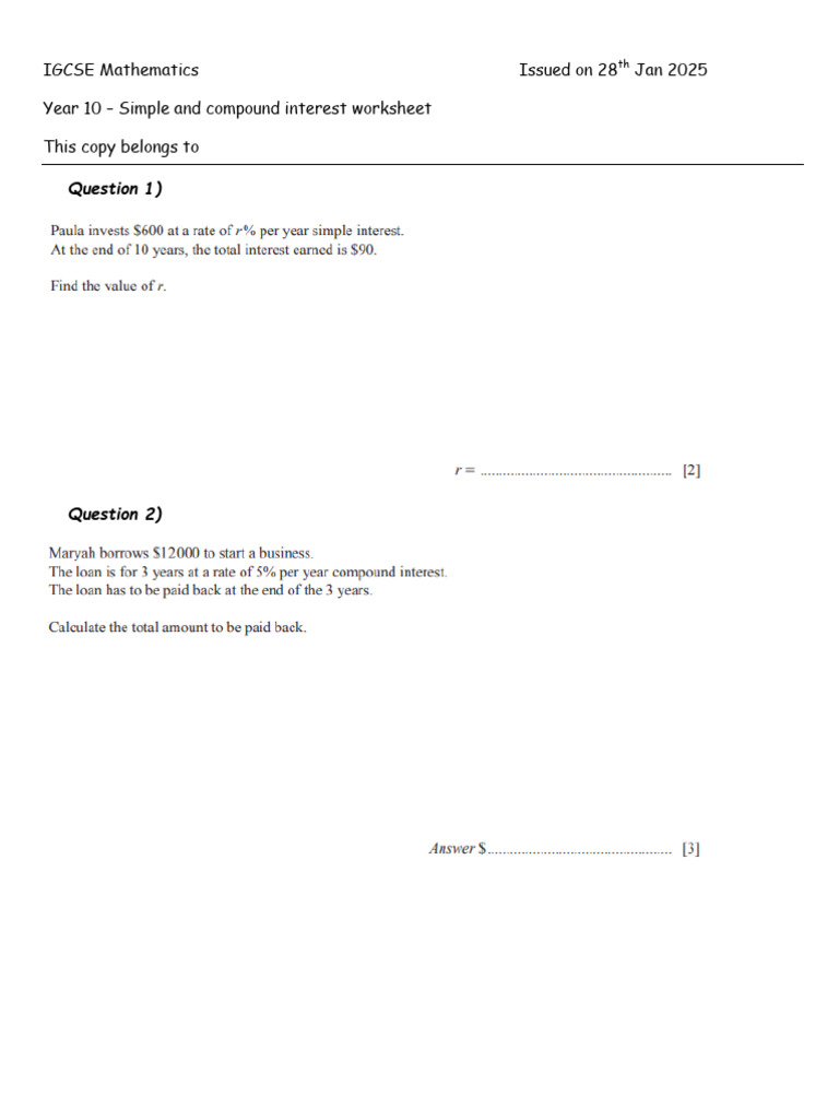 IGCSE Year 10 Interest Worksheet | PDF