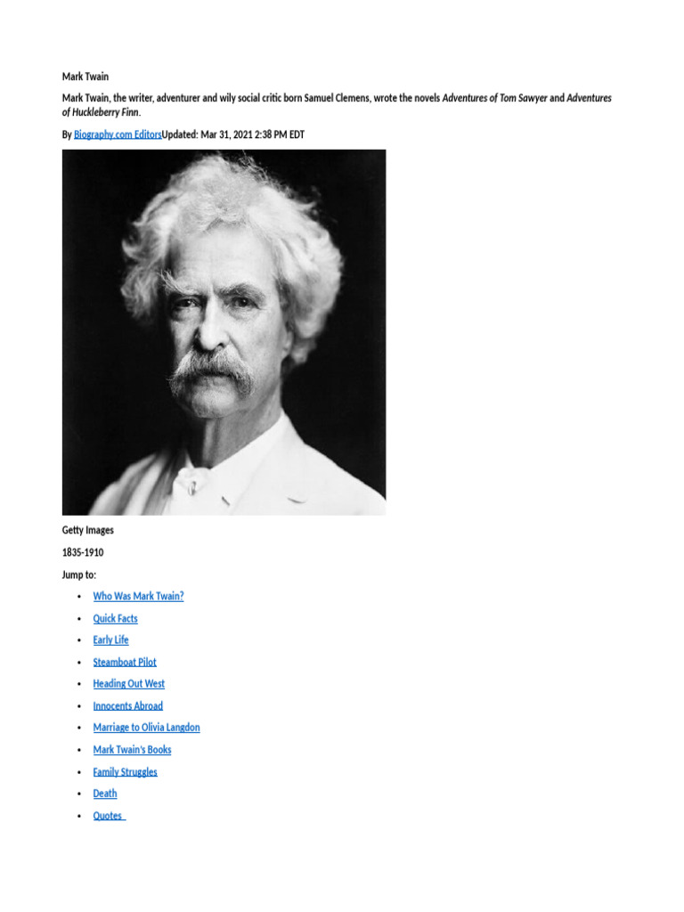 Mark Twain: Biography of Samuel Clemens | PDF