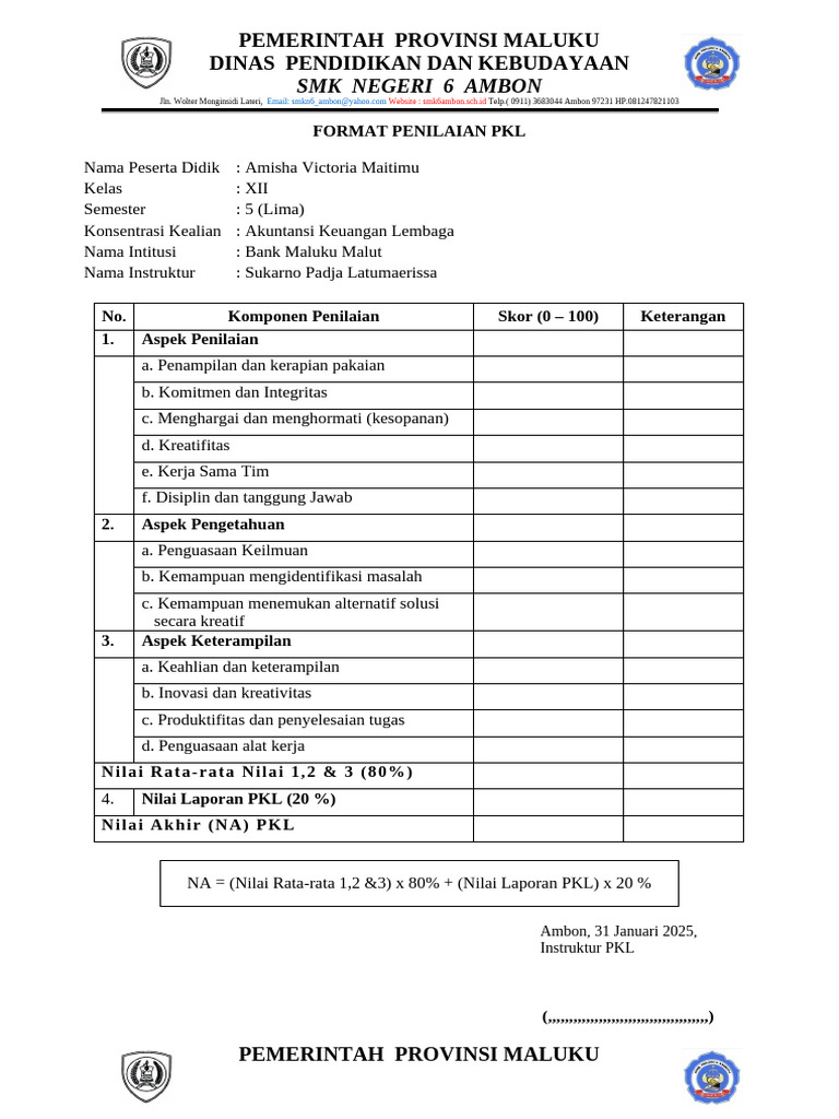 Format Penilaian PKL Akl | PDF