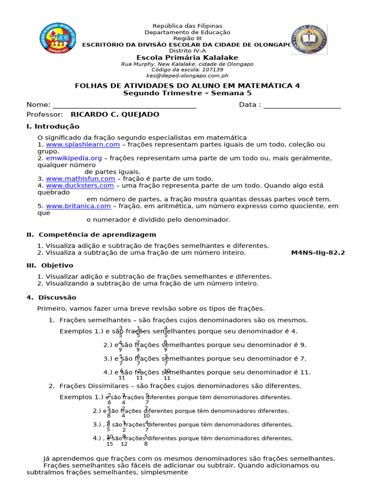 Quarto 2 Matemática 4º ano Semana 5 (2) | PDF | Números | Matemática elementar