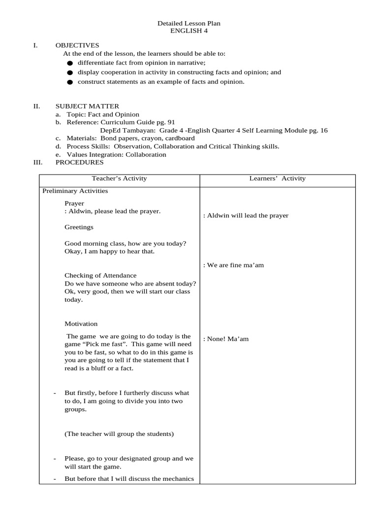 4as - Detailed-Lesson-Plan-Fact and Opinion | PDF | Lesson Plan | Opinion