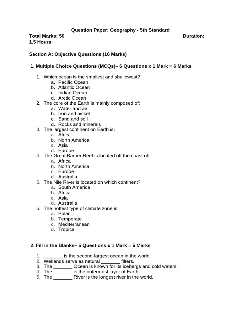 Geography Question Paper for 5th Grade | PDF | Oceans | Earth