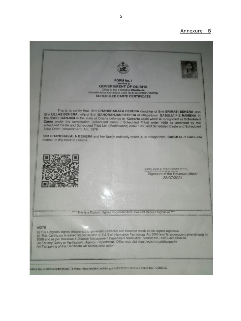 Caste Certificate Document | PDF