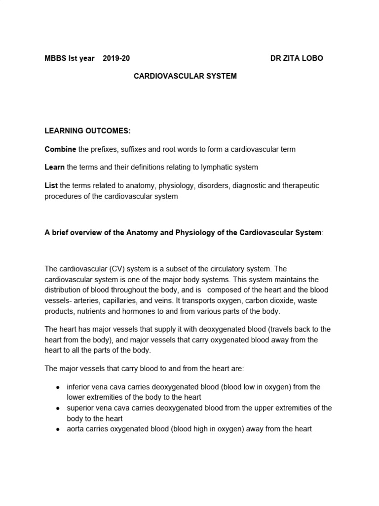 Cardiovascular Terminology | PDF | Heart | White Blood Cell
