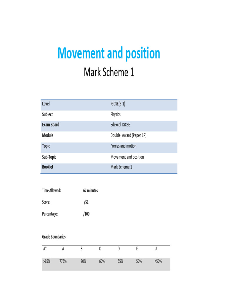 IGCSE Physics Mark Scheme: Movement & Position | PDF | Force | Momentum