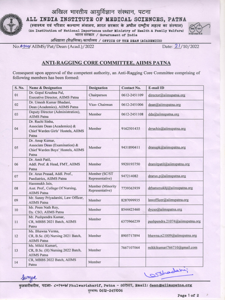 Anti Ragging Core Committee AIIMS Patna | PDF