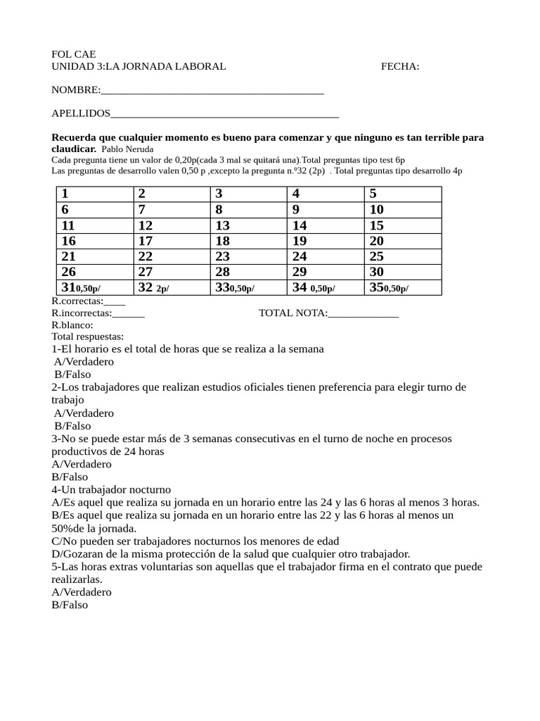 Examen Fol Ud3 Jornadalaboral A | PDF | Labor