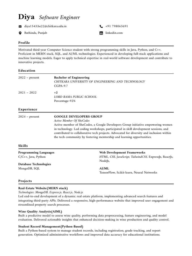 Diya Resume | PDF | Software Development | Computing