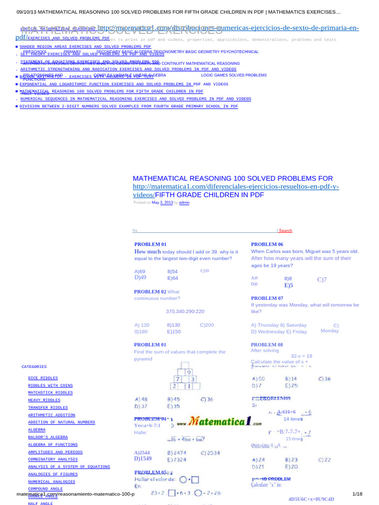 Mathematical Reasoning 100 Solved Problems For Fifth Grade Children in PDF - Mathematics Solved ...