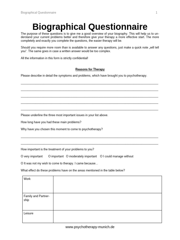 Biographical Questionaire | PDF | Psychotherapy | Behavioural Sciences