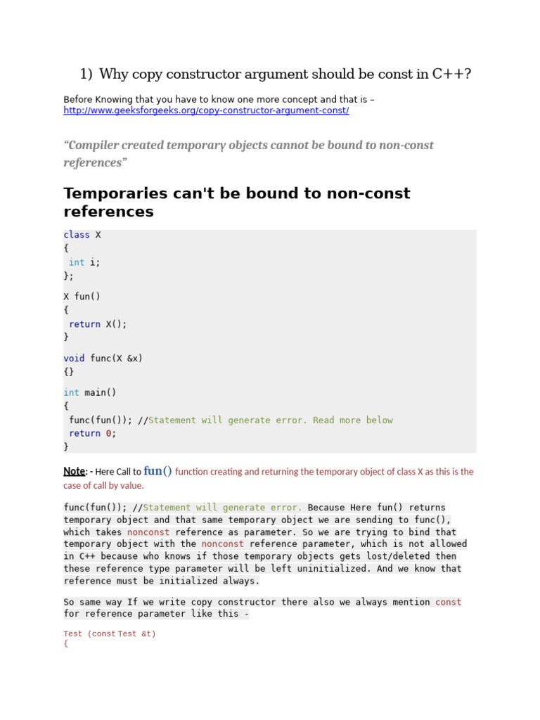 Why Copy Constructor Argument Should Be Const In C Pdf Parameter Computer Programming
