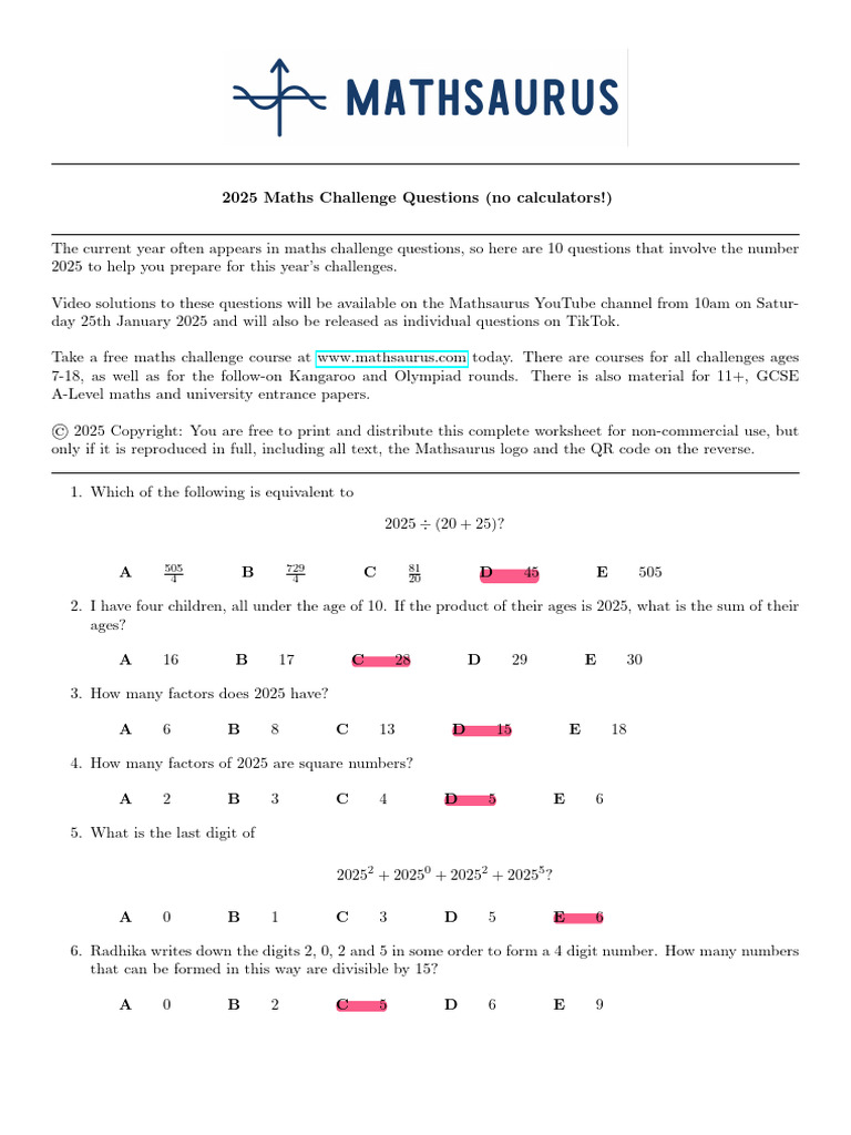 Mathsaurus 2025 Challenge Questions | PDF | Mathematics