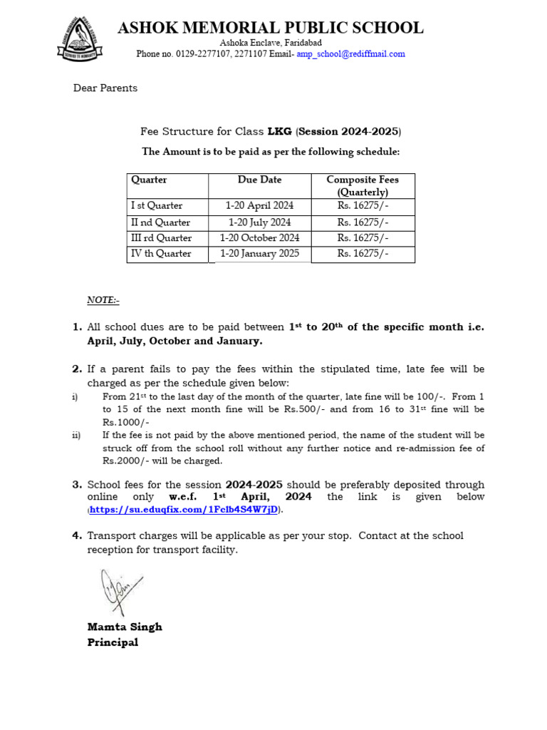 Ashok Memorial School Fee Structure 2024-2025 | PDF