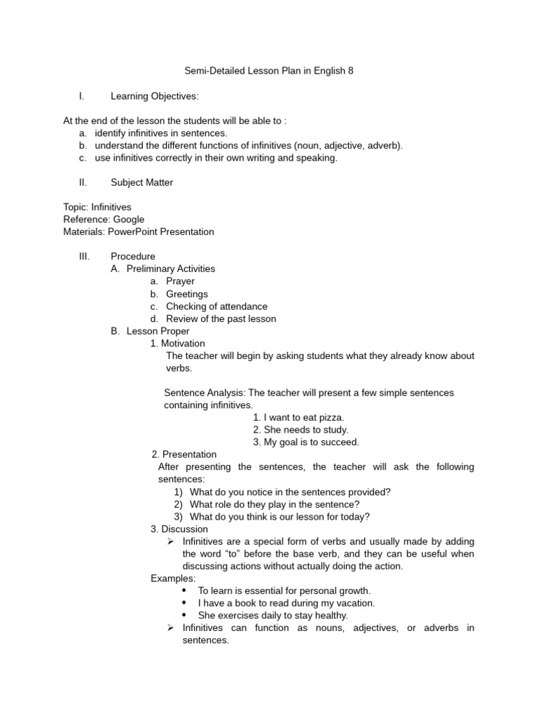 Semi-Detailed Lesson Plan For Infinitive | PDF | Adverb | Adjective