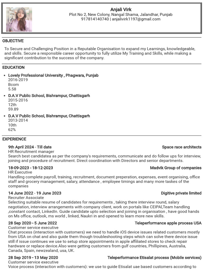 Anjali Virk Current Resume 2024 | PDF | Recruitment | Punjab