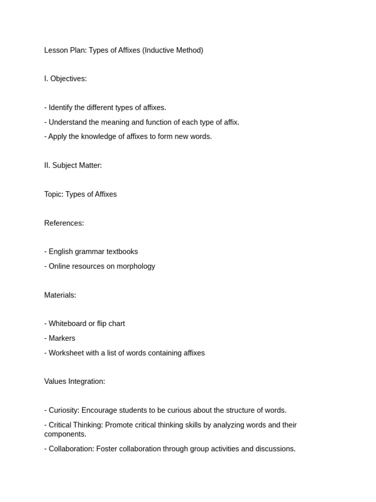 Semi-Detailed Lesson Plan - Types of Affixes | PDF | Word | Lesson Plan