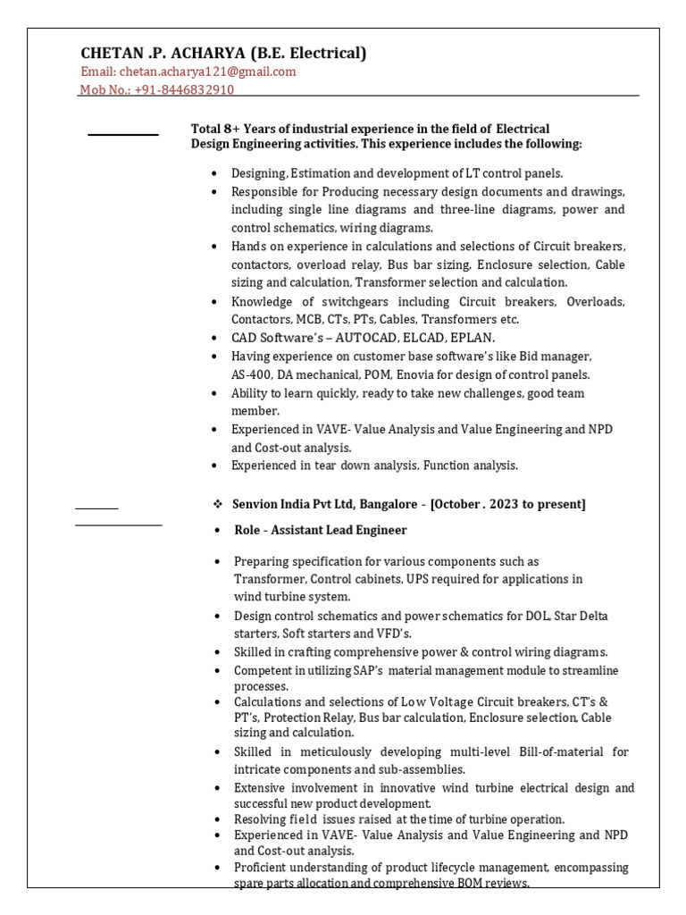 Resume_Chetan | PDF | Relay | Transformer