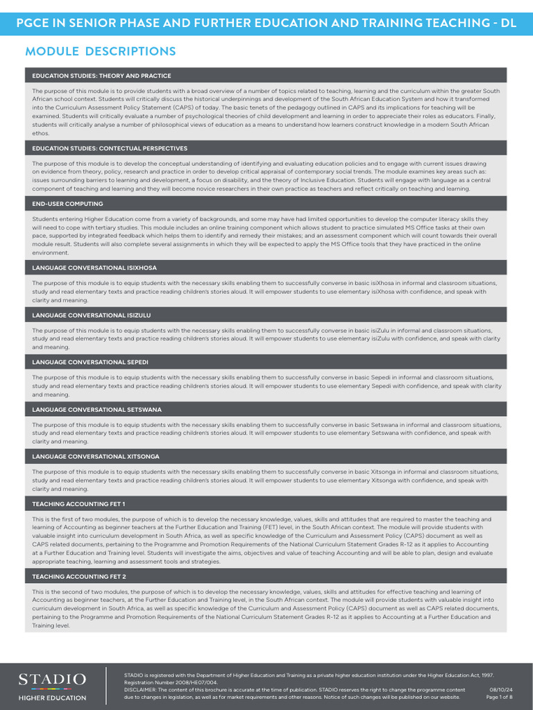 SOE - PGCE in Senior Phase and Further Education and Training Teaching Module Descriptions DL ...