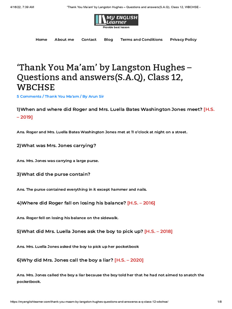 Thank You Ma Am by Langston Hughes Quest - 250128 - 152822 | PDF