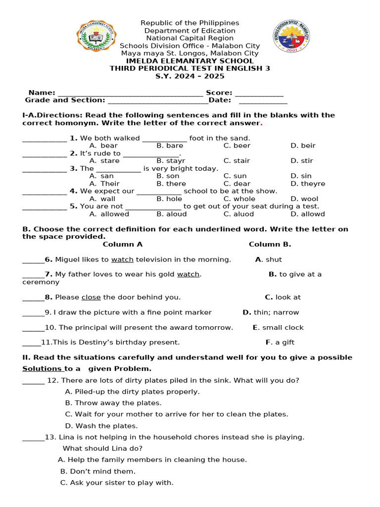 English 3 Third Periodical Test | PDF | Linguistics