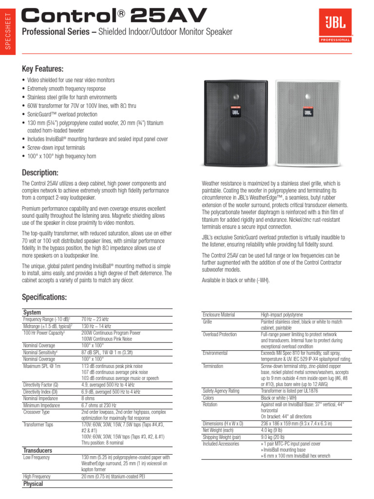 JBL_Control_25AV_SpecSheet_2024 | PDF | Loudspeaker | Electrical ...