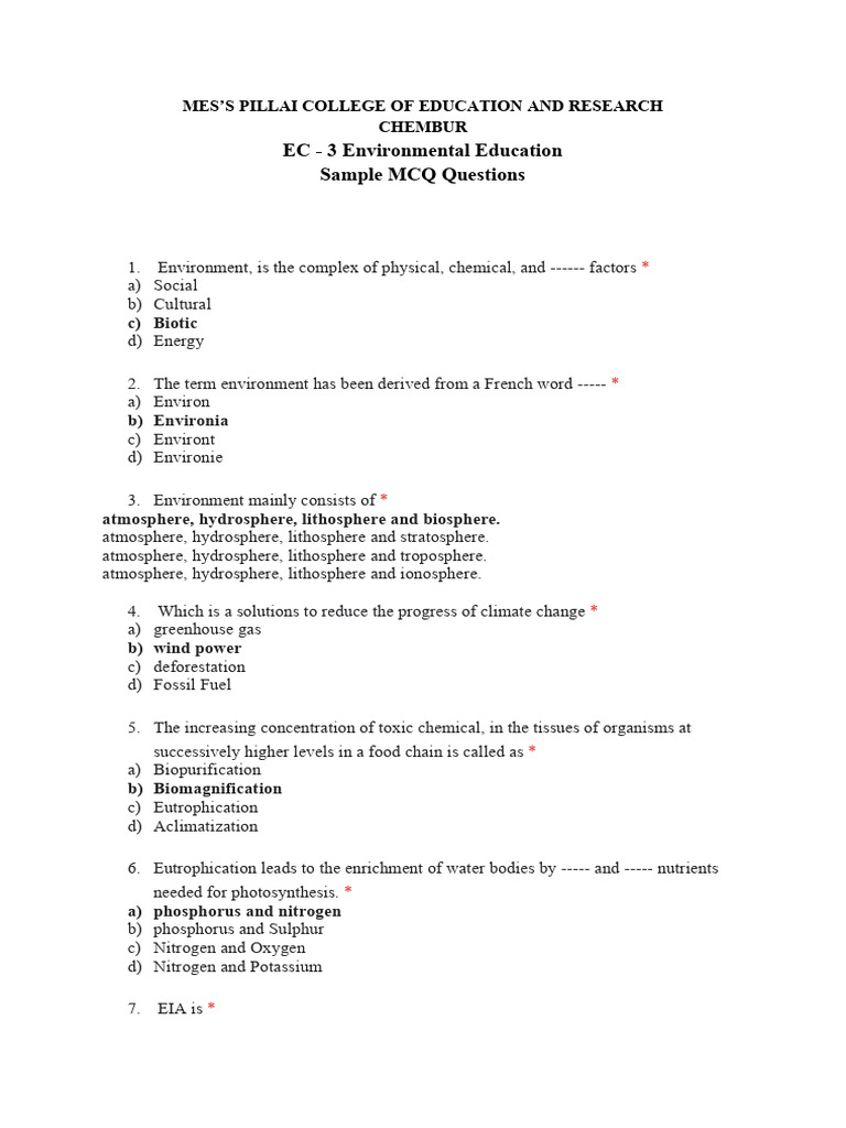 Sample MCQs For Envirnomental Educa | PDF
