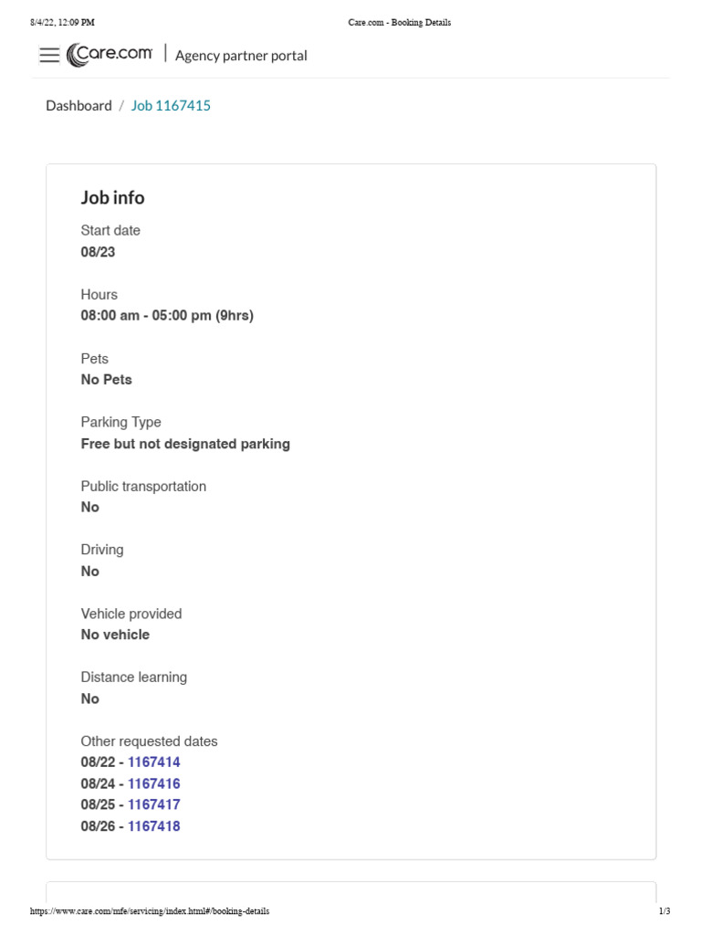 Care.com Childcare Booking Details | PDF